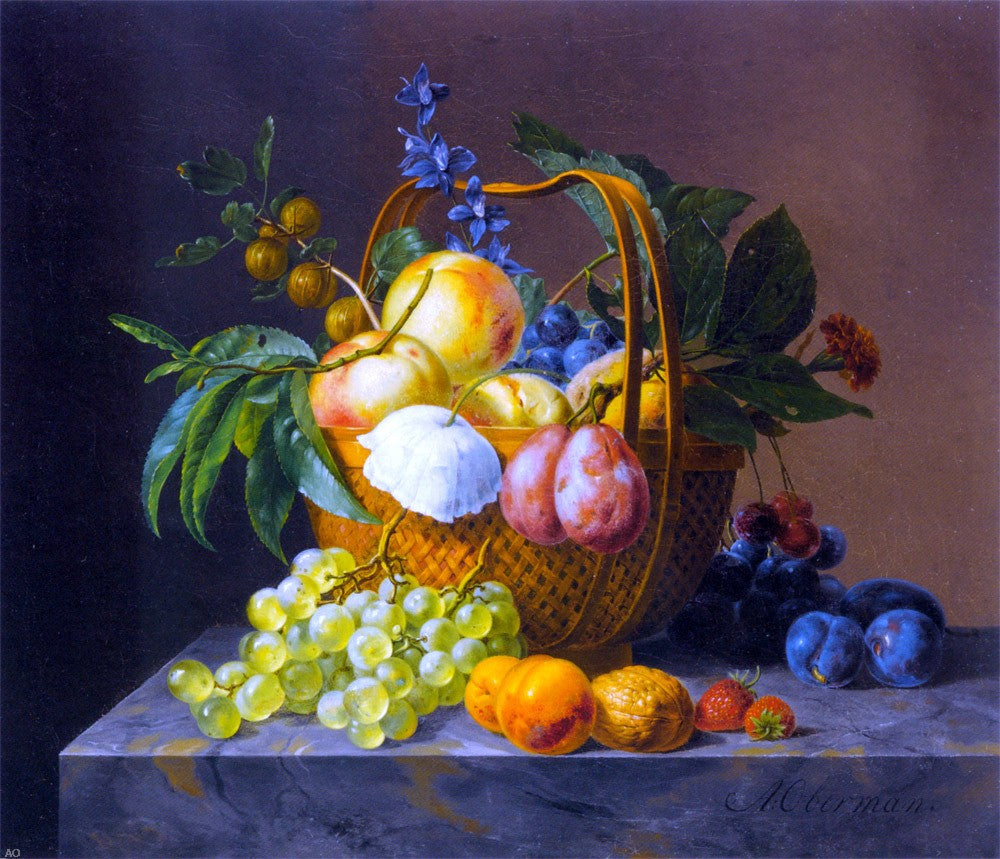 Anthony Oberman A Still Life With Fruit and Flowers in a Basket Oil ...